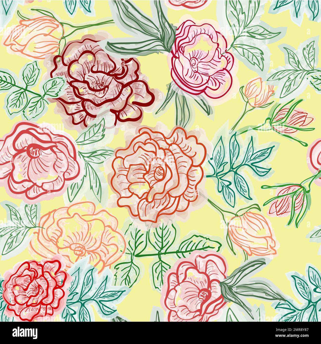 Seamless pattern on yellow background with the roses painted in outline ...