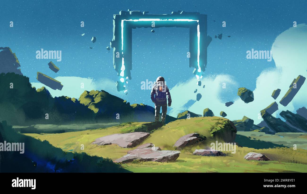 astronaut explores planetary space and looking at strange building ...