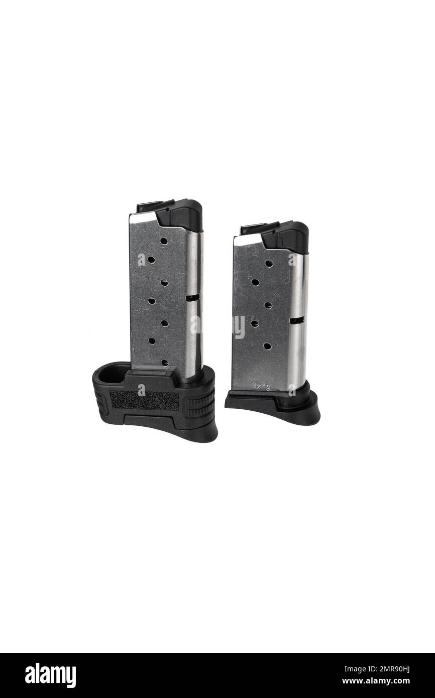 Metal pistol magazine for 9 mm cartridges. Clip for ammunition. Isolate ...