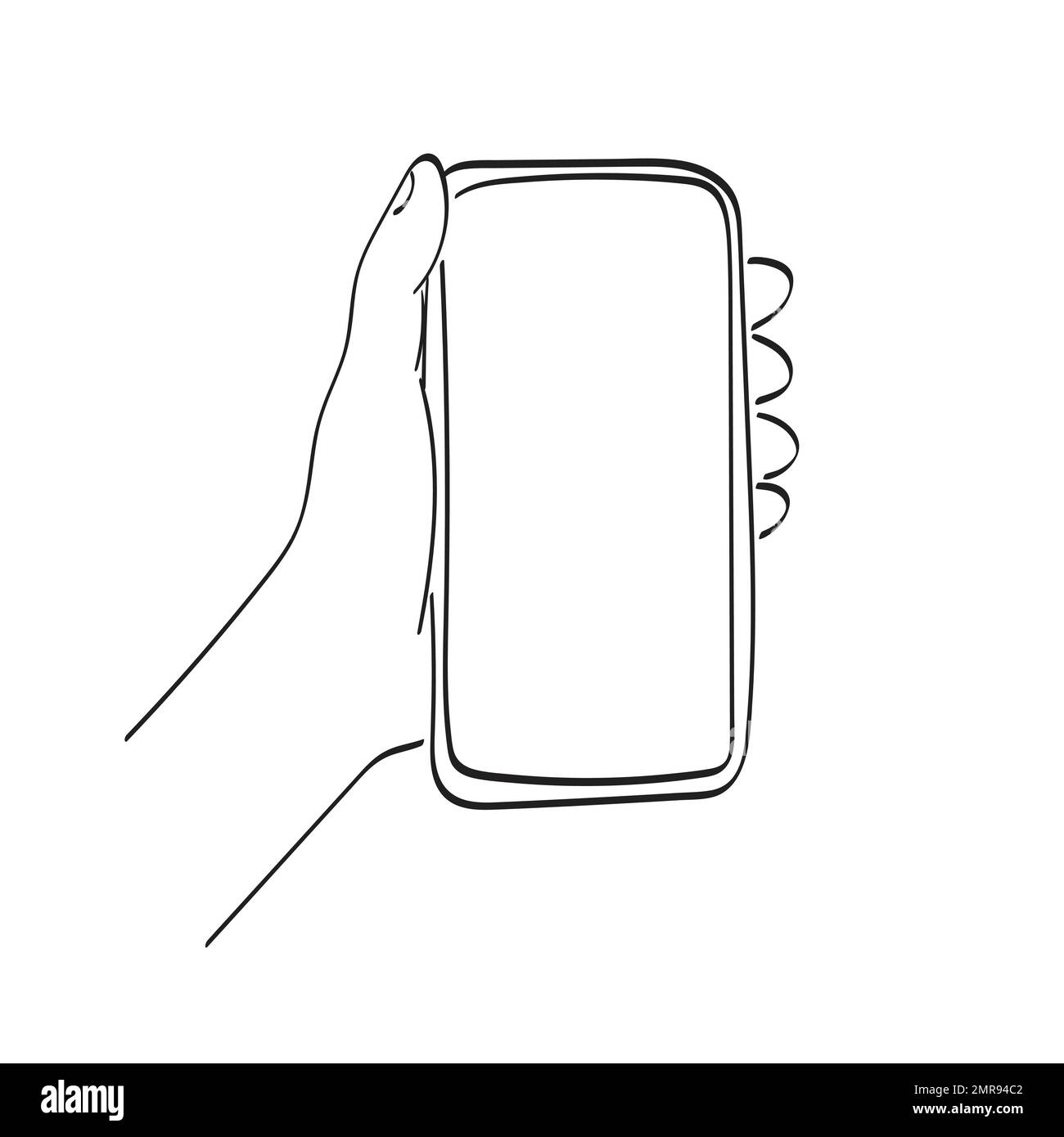 line art closeup hand holding smartphone with blank space illustration ...