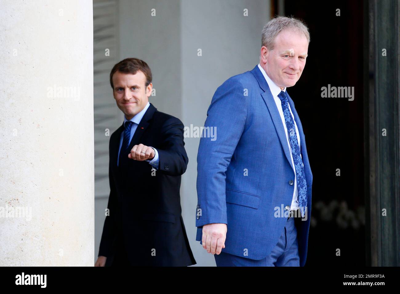 French President Emmanuel Macron, right, accompanies CFE-CGC union ...
