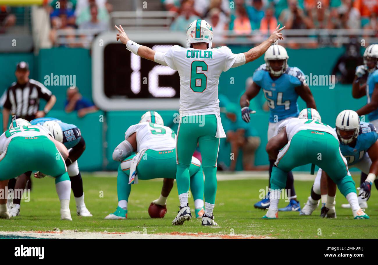 Miami Dolphins quarterback Jay Cutler (6) lines up against the ...