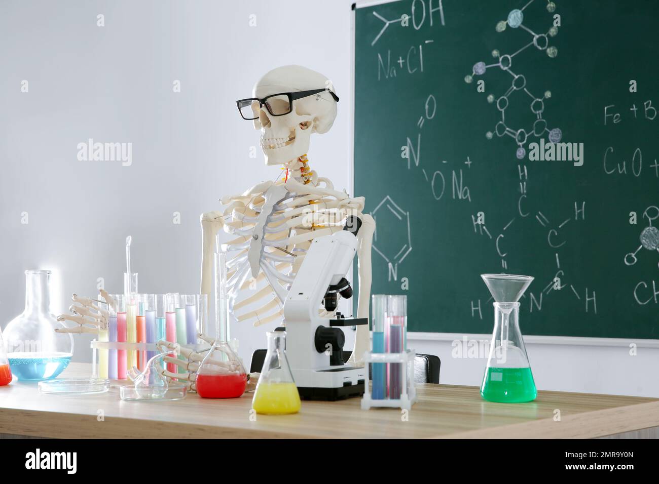 Skeleton and different chemistry glassware in classroom Stock Photo - Alamy