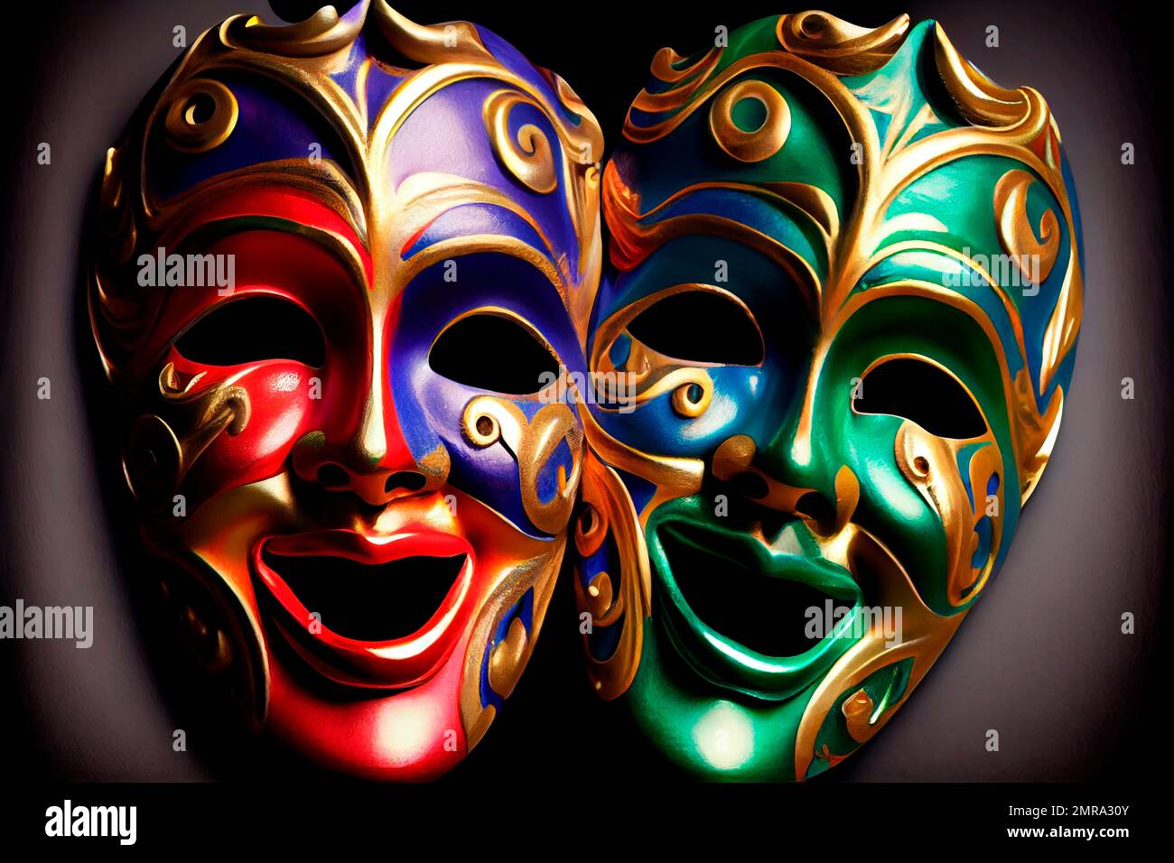 Two red and green masks with golden stripes on the dark background ...