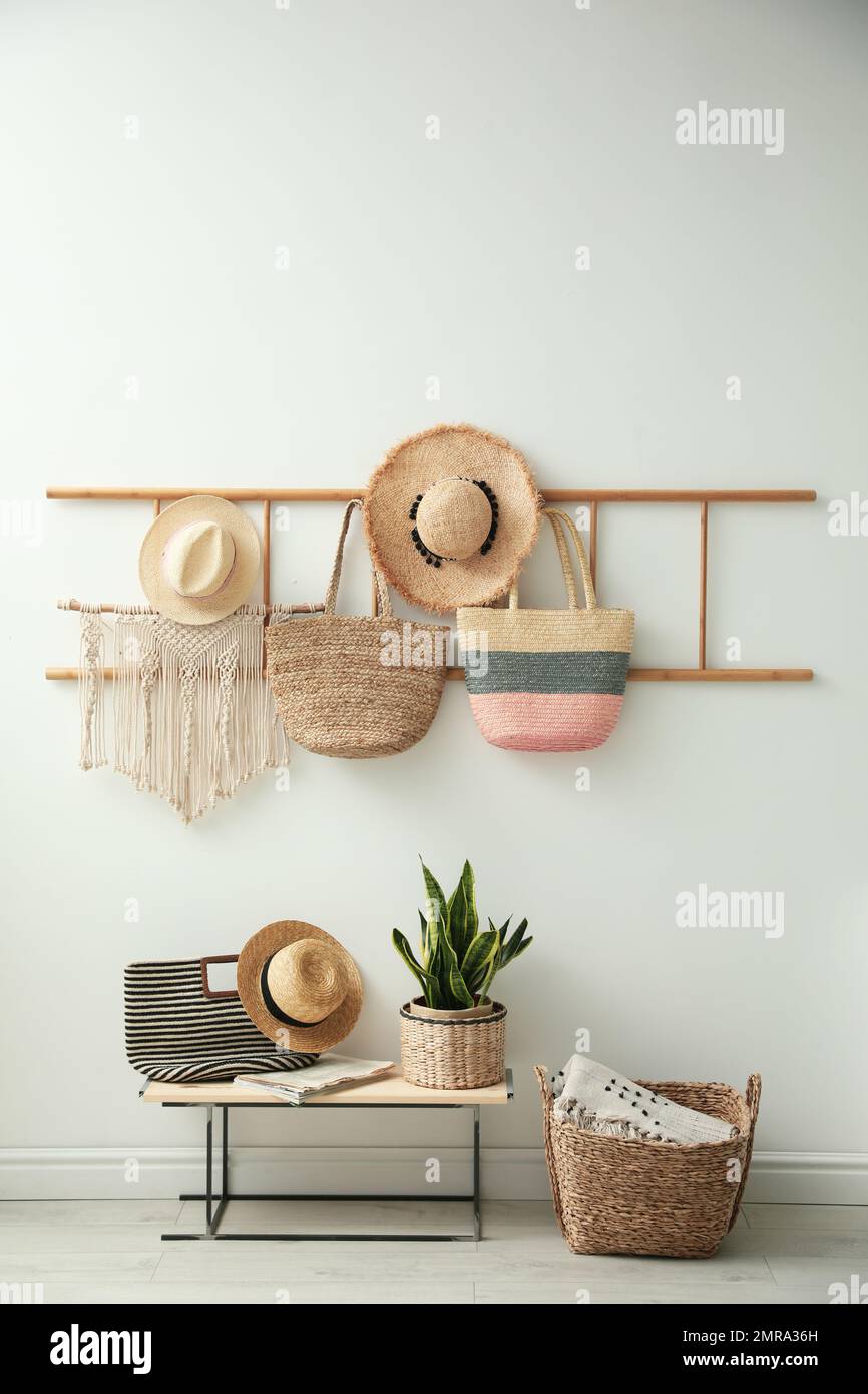 Decorative wooden ladder, bench and plant at home. Idea for interior ...