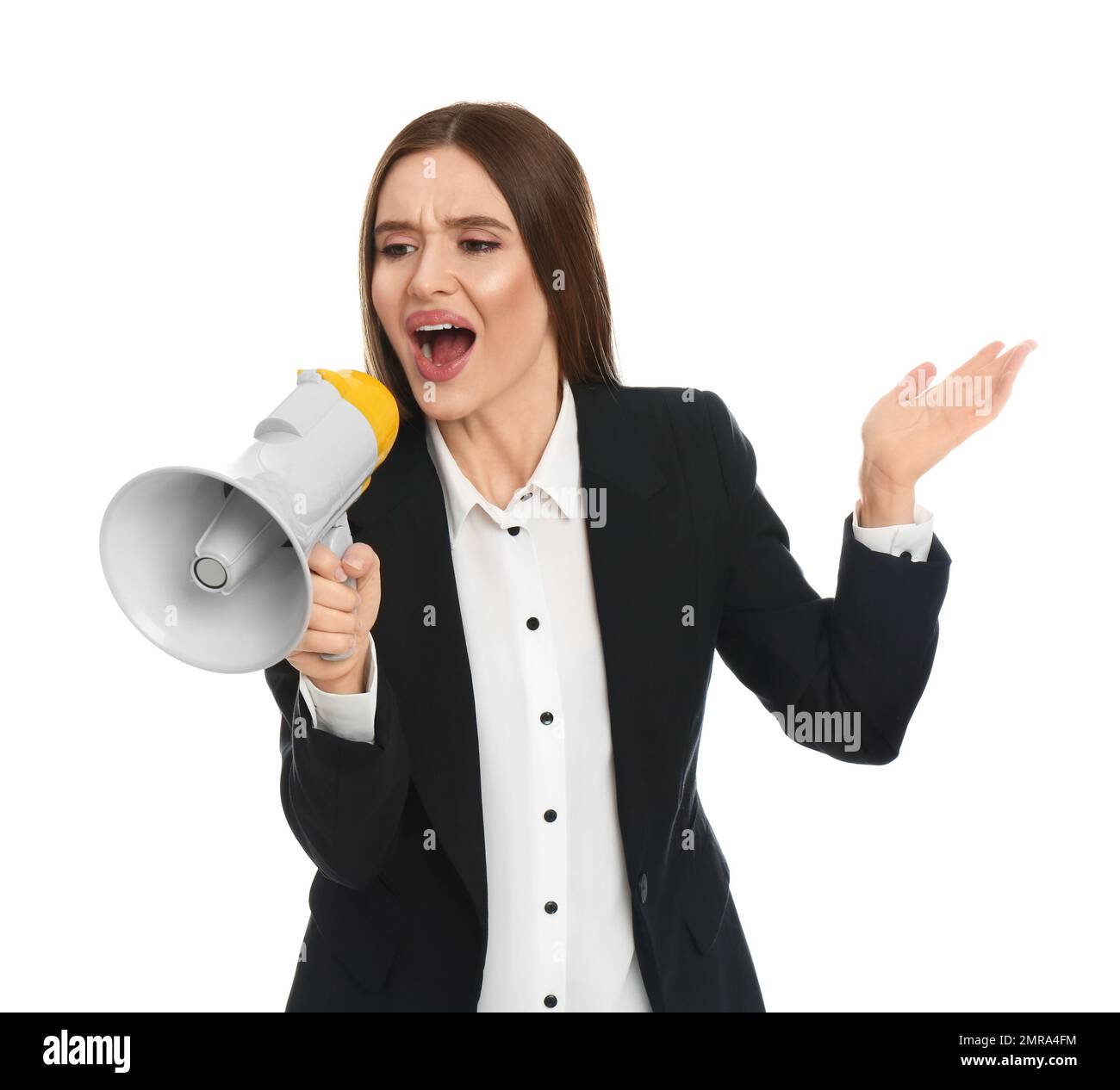 Emotional young woman with megaphone on white background Stock Photo ... Emotional young woman with megaphone on white background Stock Photo ...