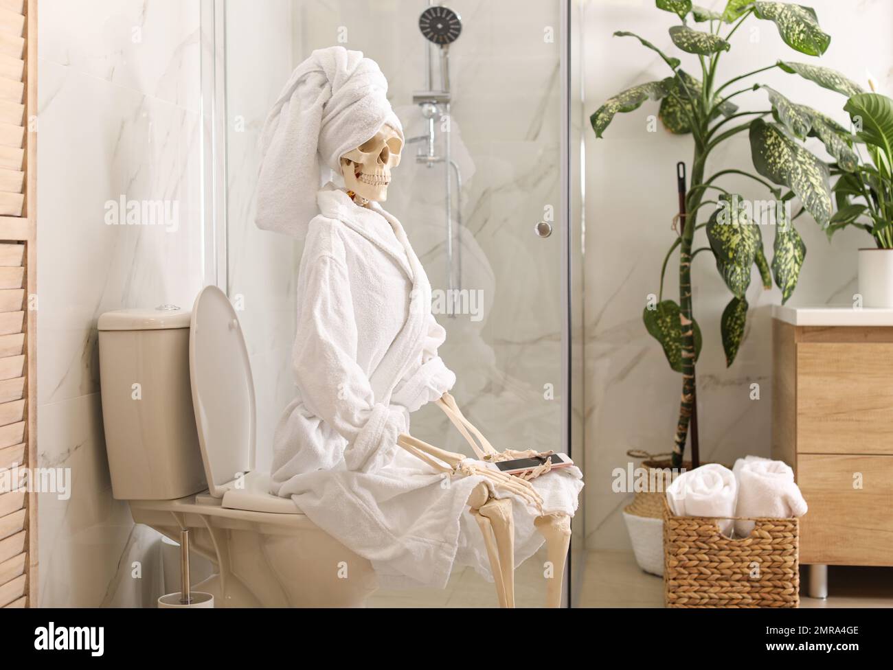 Skeleton in bathrobe with mobile phone sitting on toilet bowl Stock ...