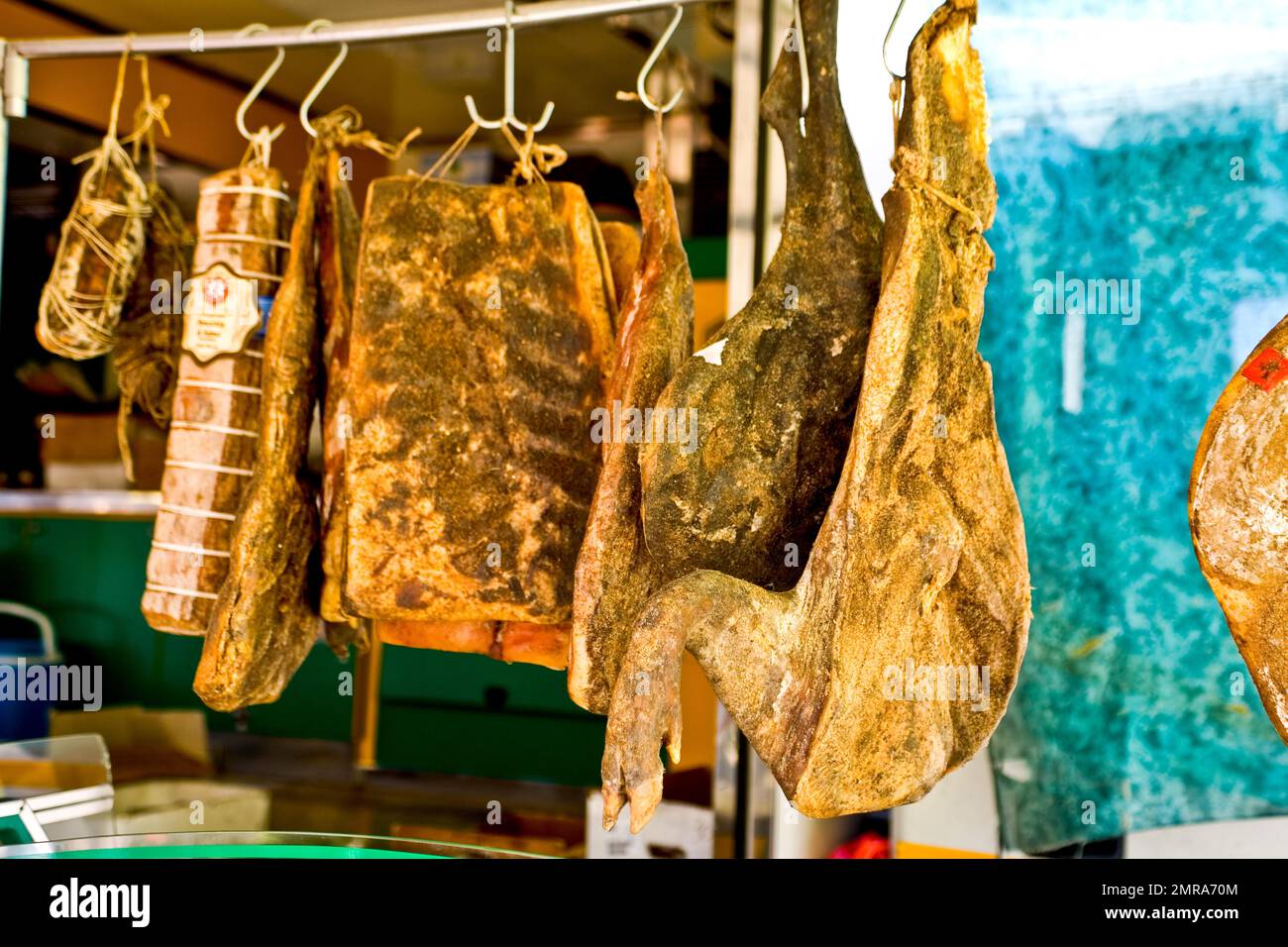 Market stall with ham, Santa Teresa Gallura, Sardinia, Italy, Europe ...