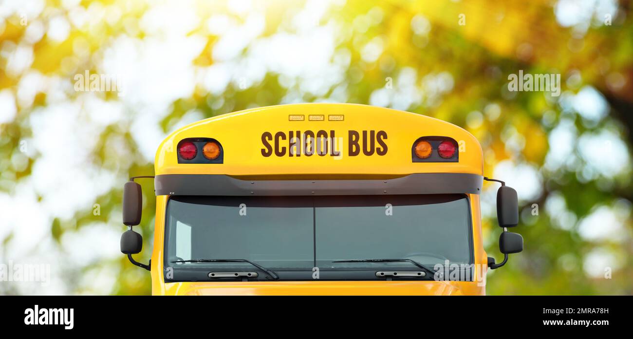 Yellow school bus outdoors, closeup. Transport for students Stock Photo ...