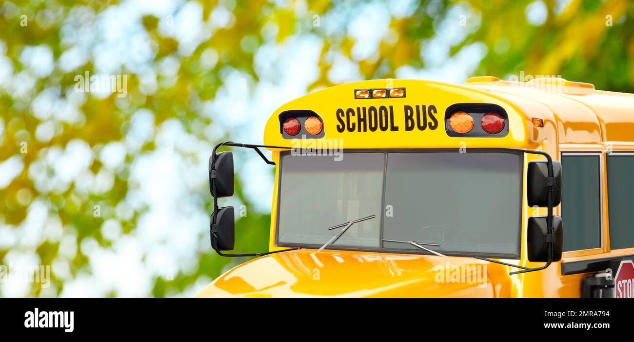 Yellow school bus outdoors, closeup. Transport for students Stock Photo ...