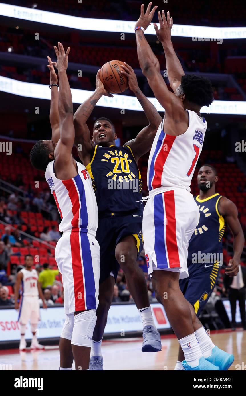 Indiana Pacers forward DeQuan Jones (20) drives on Detroit Pistons ...