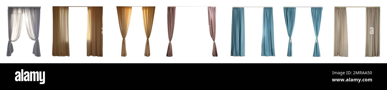 Set with different elegant curtains on white background. Banner design ...