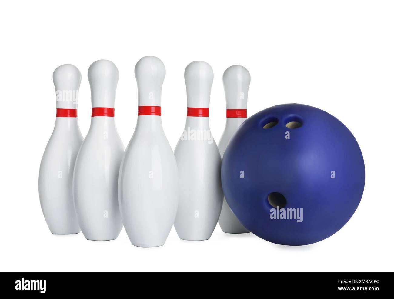 Blue bowling ball and pins isolated on white Stock Photo - Alamy