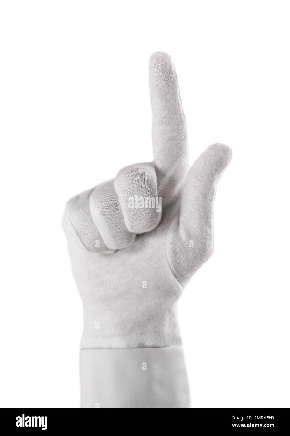 Person in white glove showing clean finger on light grey background ...