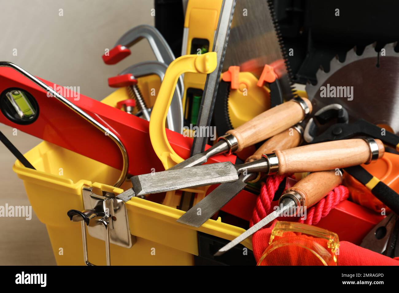 Box with different carpenter's tools, closeup view Stock Photo - Alamy
