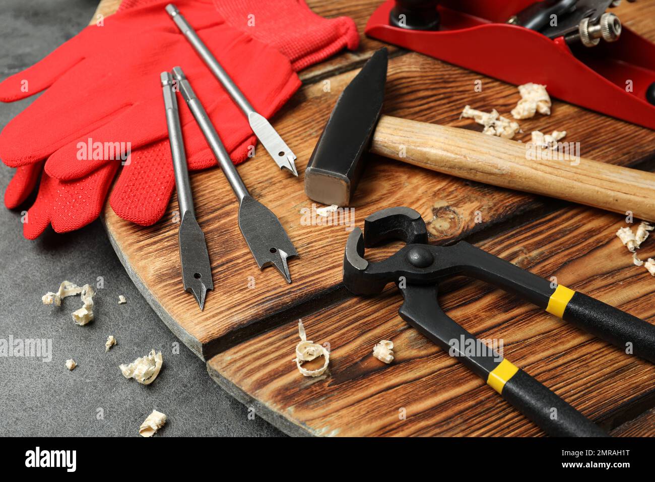 Set of modern carpenter's tools on grey table Stock Photo - Alamy
