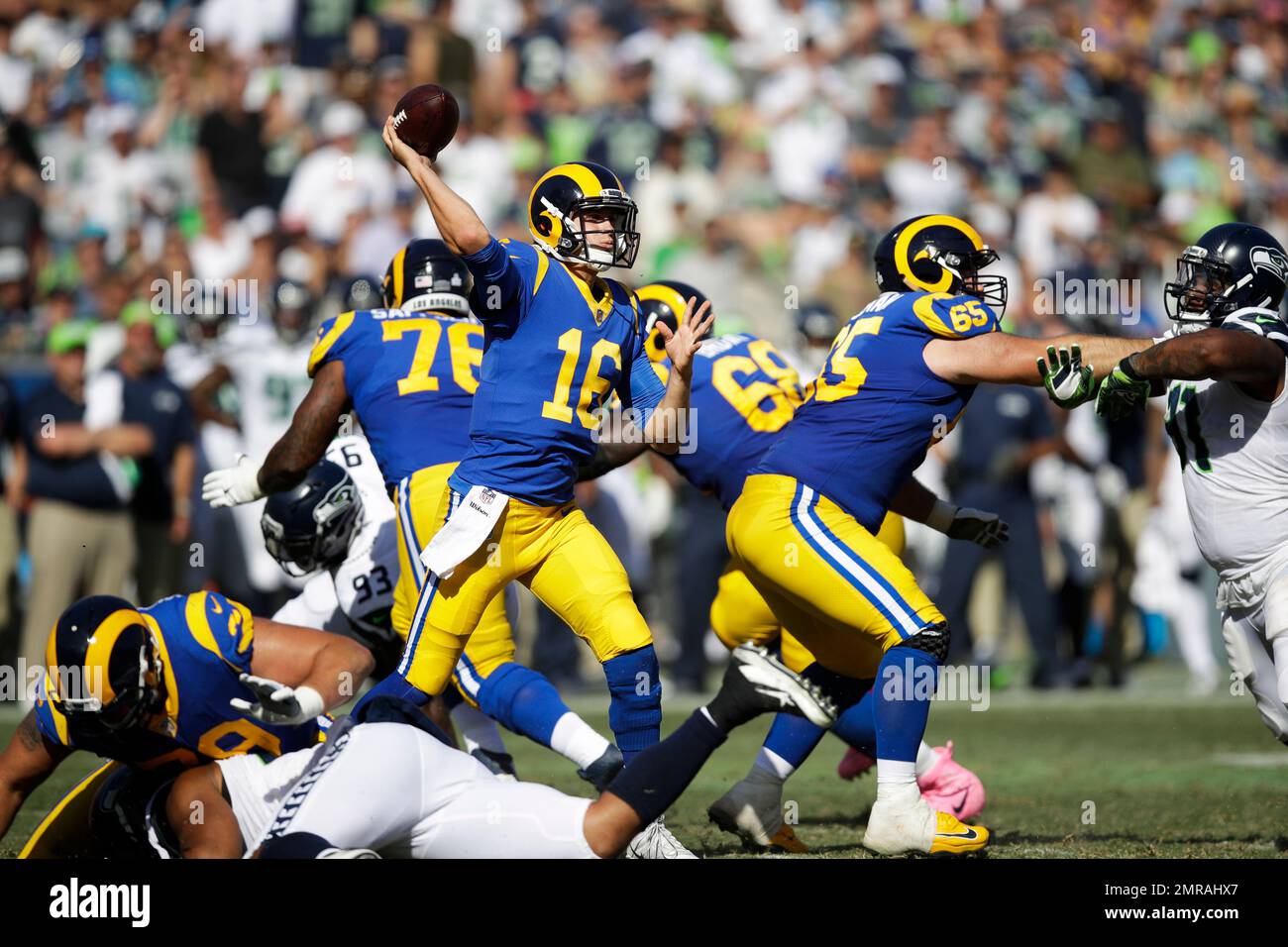 Los Angeles Rams quarterback Jared Goff throws a pass during an NFL ...