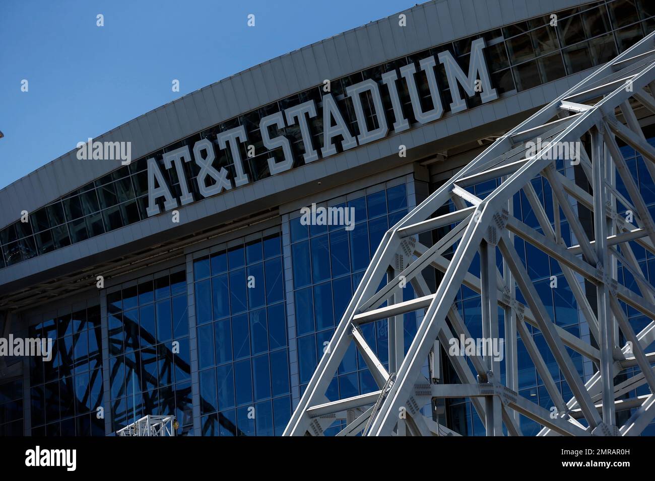 An exterior view of the AT&T logo at the top of the stadium is shown ...