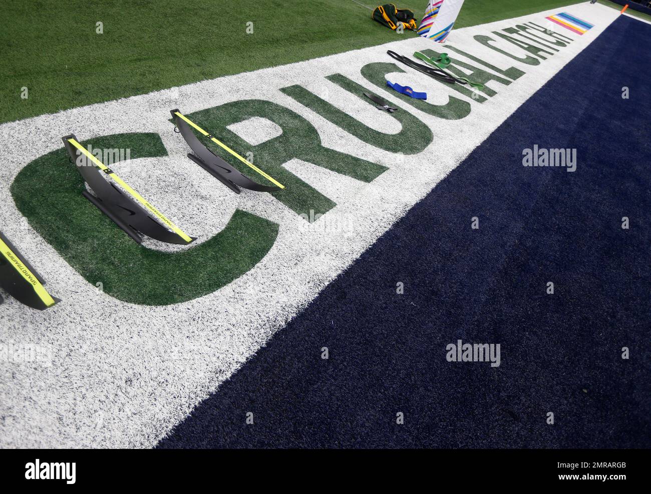 A Crucial Catch logo is displayed in the end zone before an NFL ...