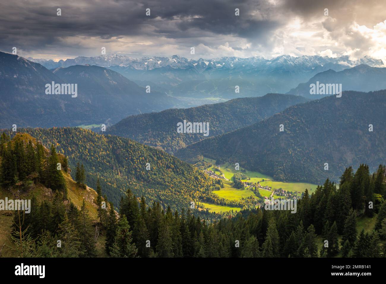 Bavarian alps and valleys from above at dramatic autumn sky, Garmisch ...