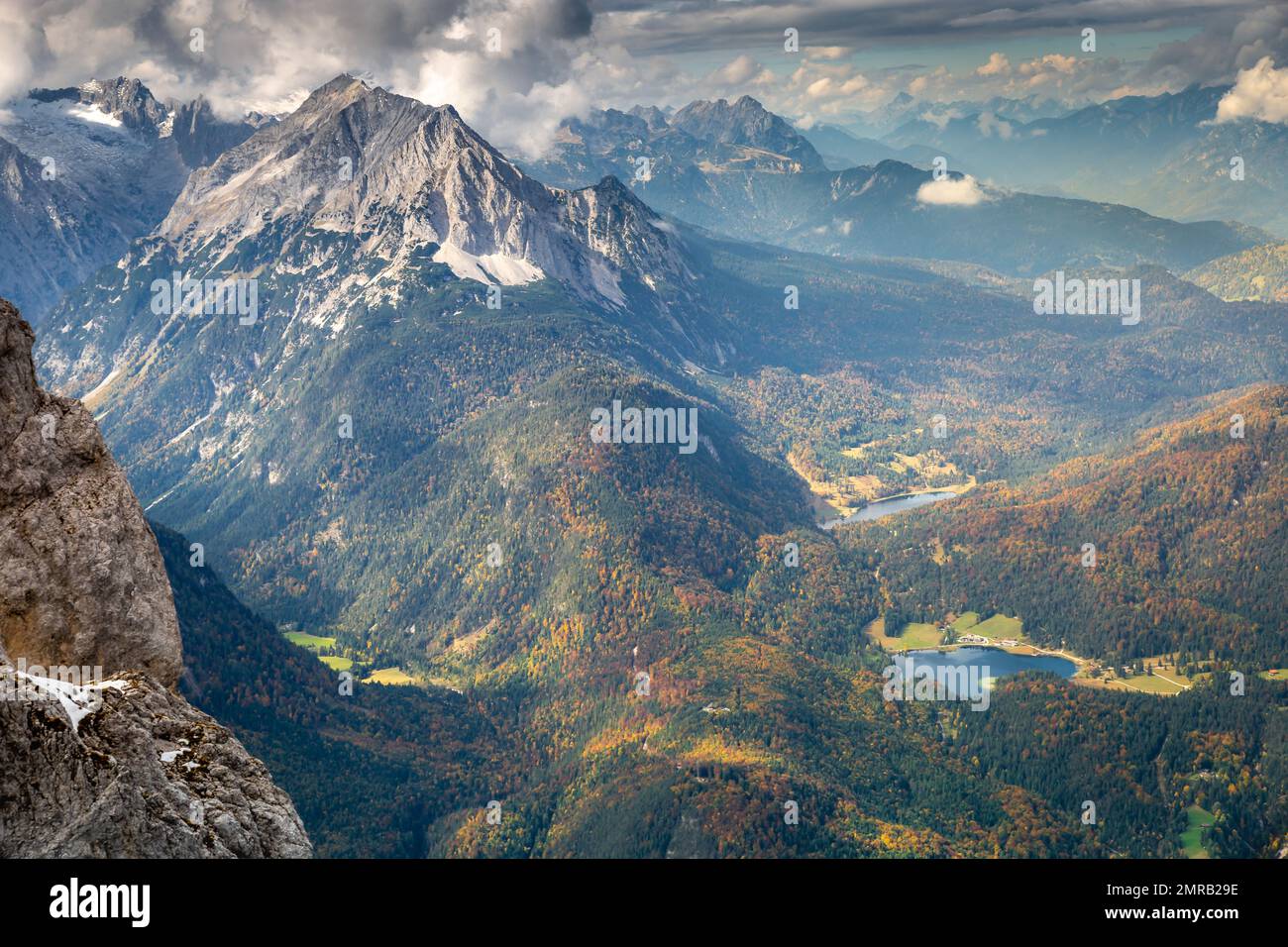 Bavarian alps and valleys from above at dramatic autumn sky, Mittenwald ...