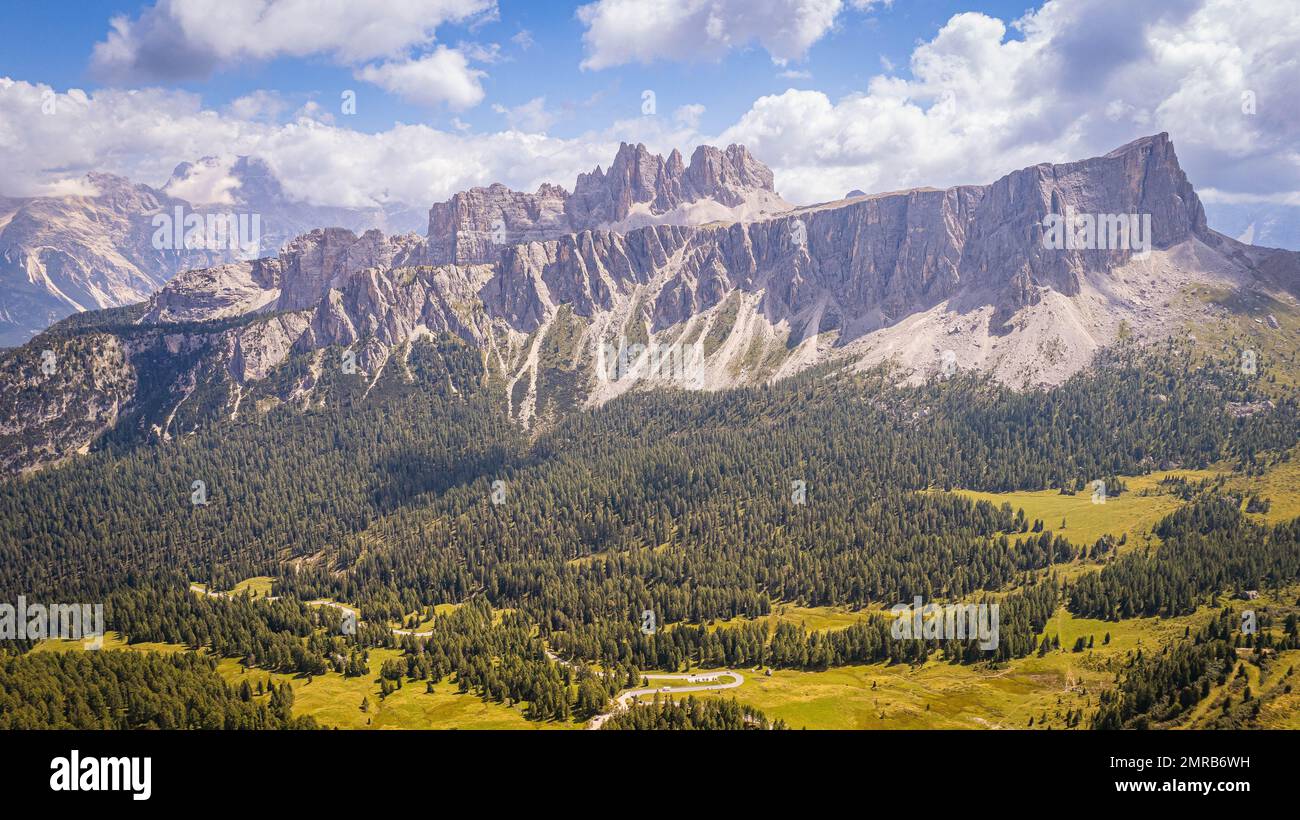The winter Dolomites mountain view at sunrise, shiny sun and clear sky ...