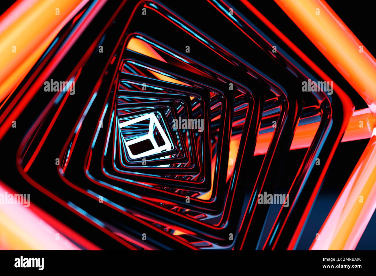 3d illustration curved square corridor with geometric walls. Close-up ...