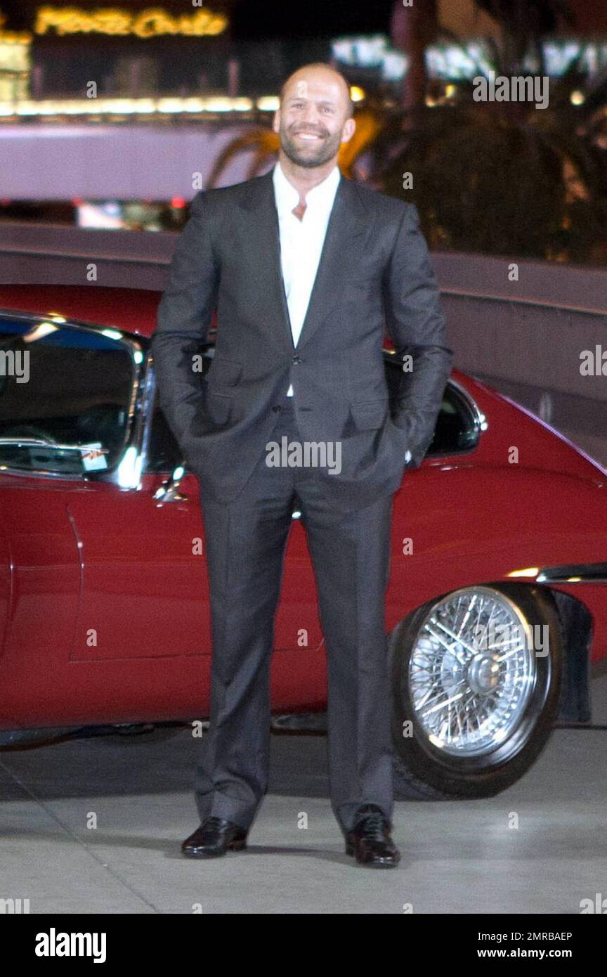 Jason Statham arrives in a 1970 vintage Jaguar at Planet Hollywood for ...