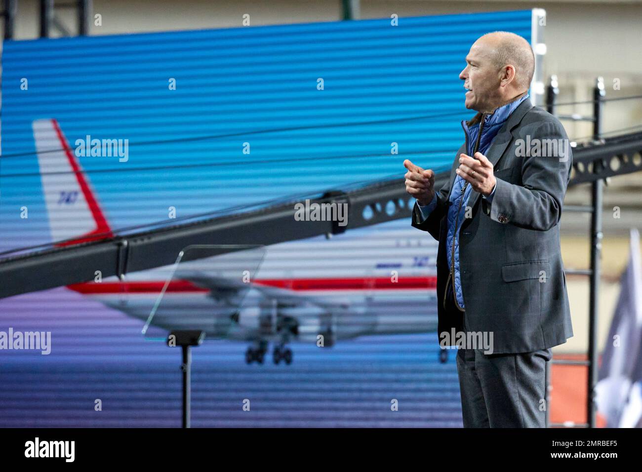 Boeing Co. CEO Dave Calhoun speaks during a ceremony for the delivery ...