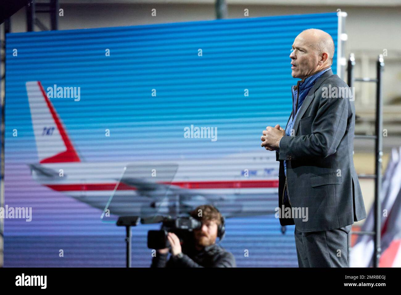 Boeing Co. CEO Dave Calhoun speaks during a ceremony for the delivery ...