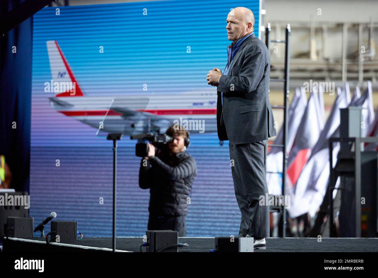 Boeing Co. CEO Dave Calhoun speaks during a ceremony for the delivery ...