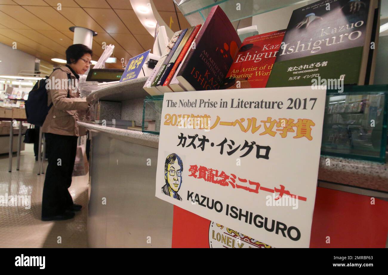 Books written by British writer Kazuo Ishiguro are on display at a ...