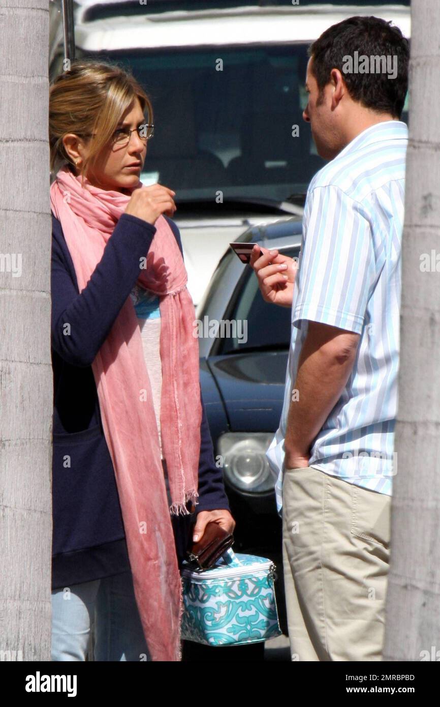 Jennifer Aniston films a scene with co-star Adam Sandler for their new ...