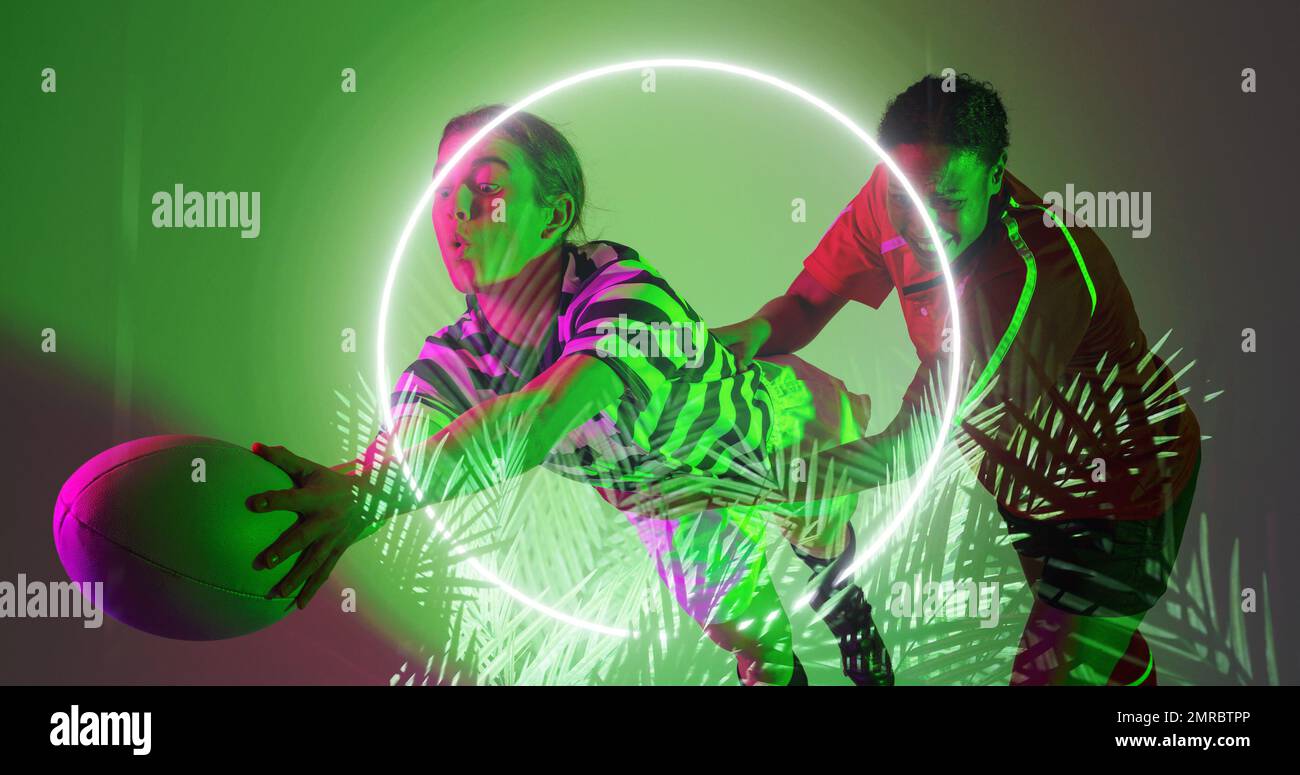 Composite of illuminated circle and plants over multiracial female ...