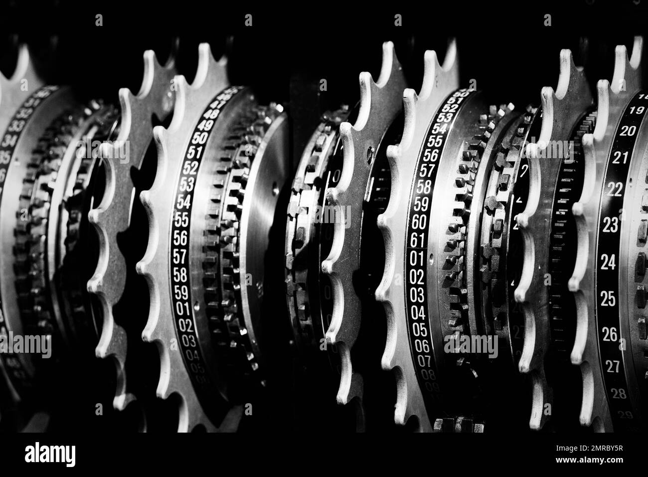 A closeup of numbered cogs of a World War 2 German encryption machine ...
