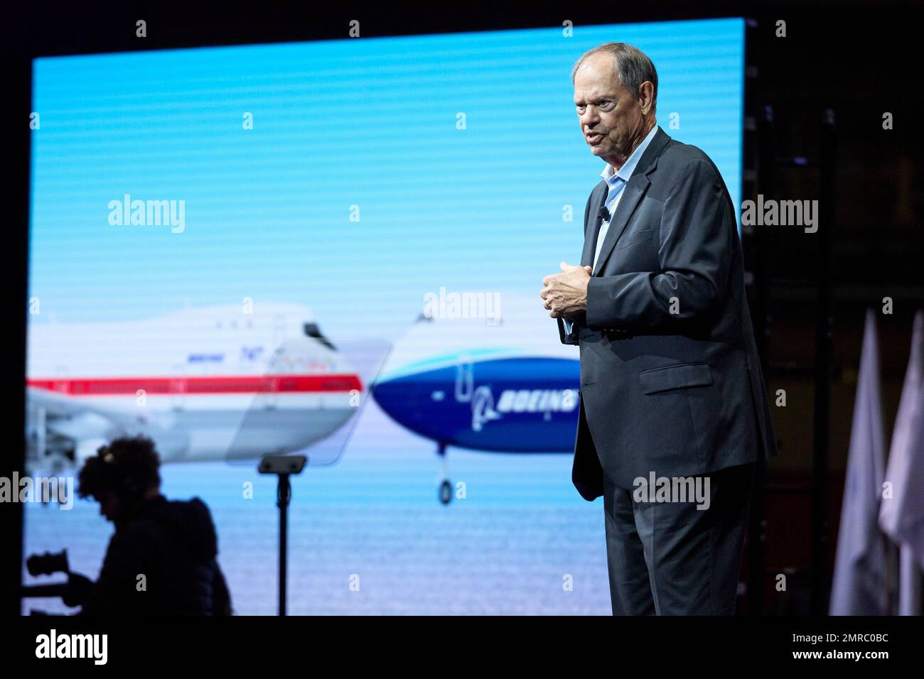 Former Boeing CEO Philip Condit speaks at a ceremony ceremony for the ...