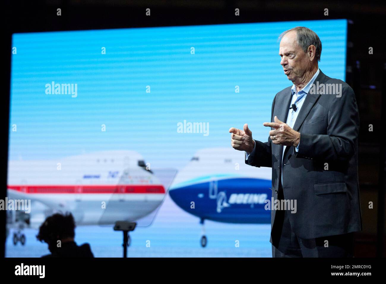 Former Boeing CEO Philip Condit speaks at a ceremony ceremony for the ...