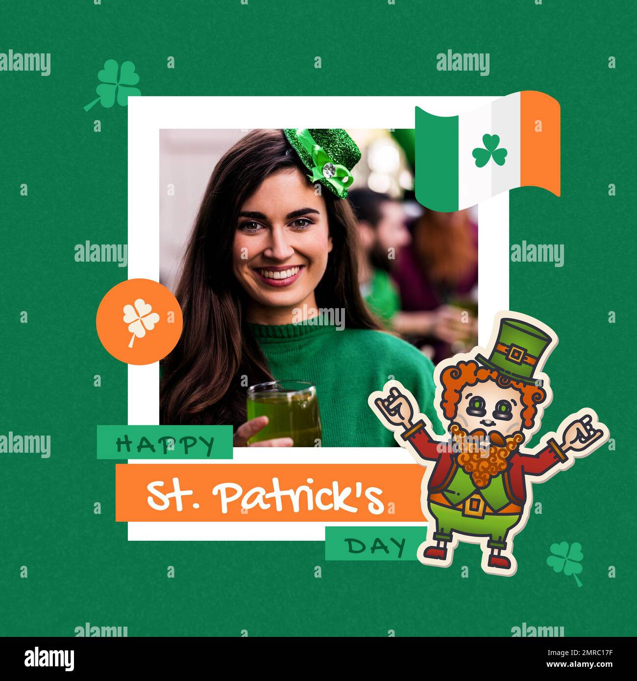 Image of st patrick's day text, leprechaun and smiling woman with beer ...