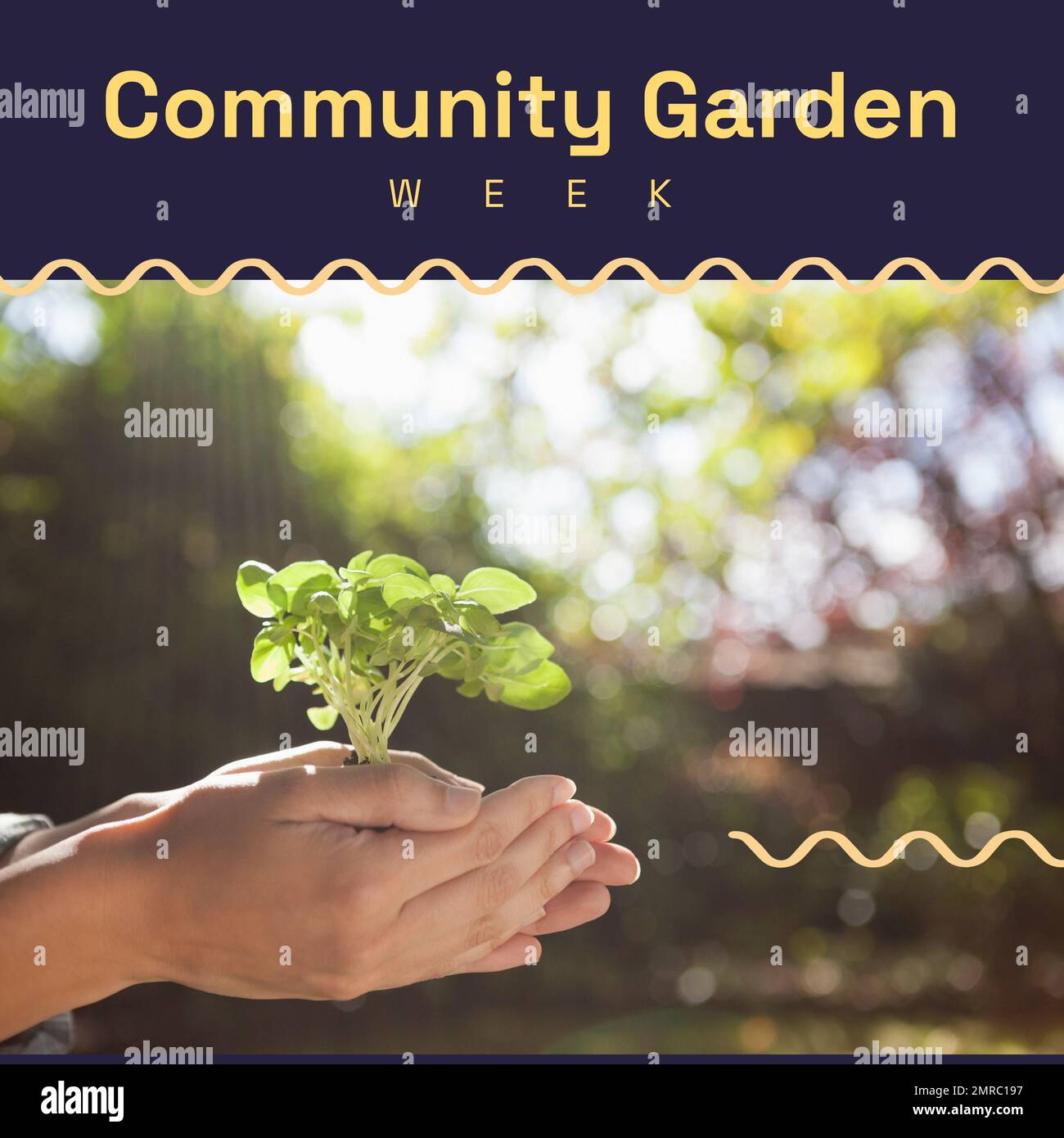 Composition of community garden week text and copy space on hands with ...