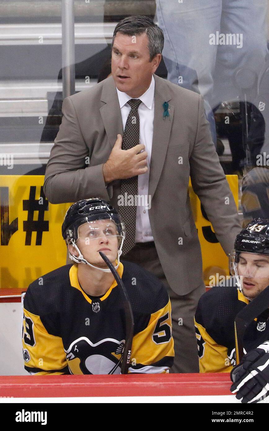 Pittsburgh Penguins head coach Mike Sullivan stands behind his bench ...