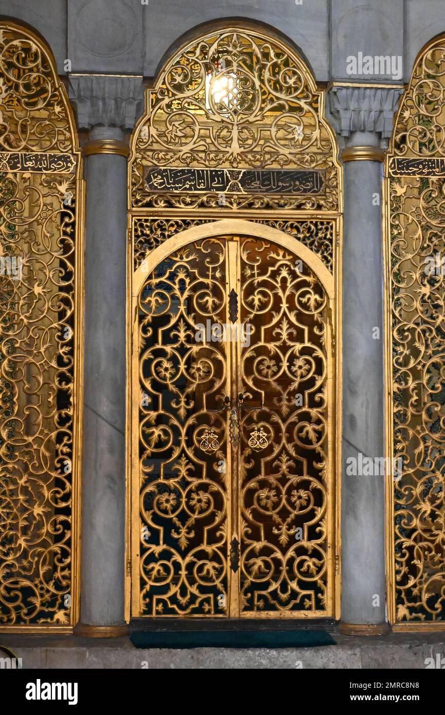 A vertical of Filigree gilded arch in the ancient Hagia Sophia mosque ...