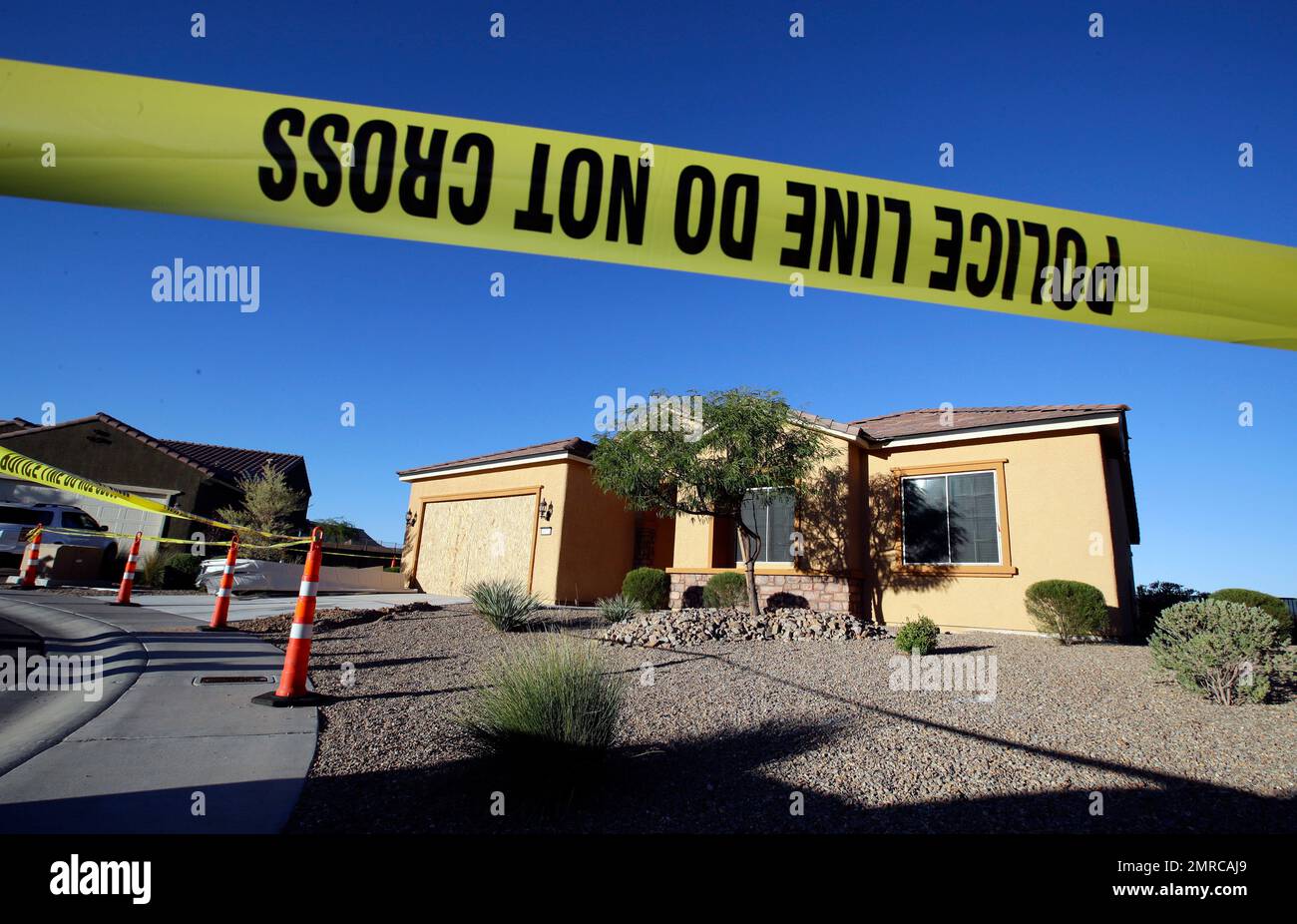 Police tape blocks off the home of Stephen Craig Paddock on Monday, Oct ...