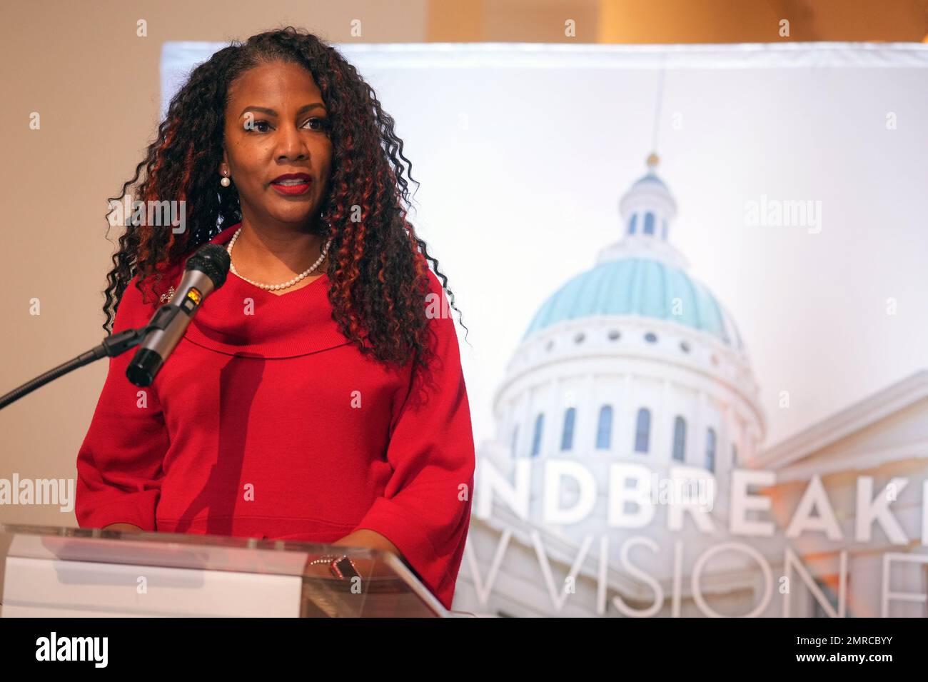 St. Louis Mayor Tishaura Jones makes her remarks during groundbreaking ...