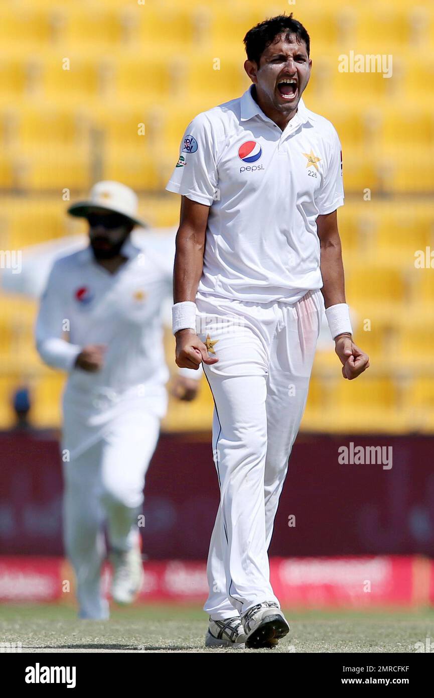 Pakistan bowler Muhammad Abbas celebrates the dismissal of Sri Lanka's ...