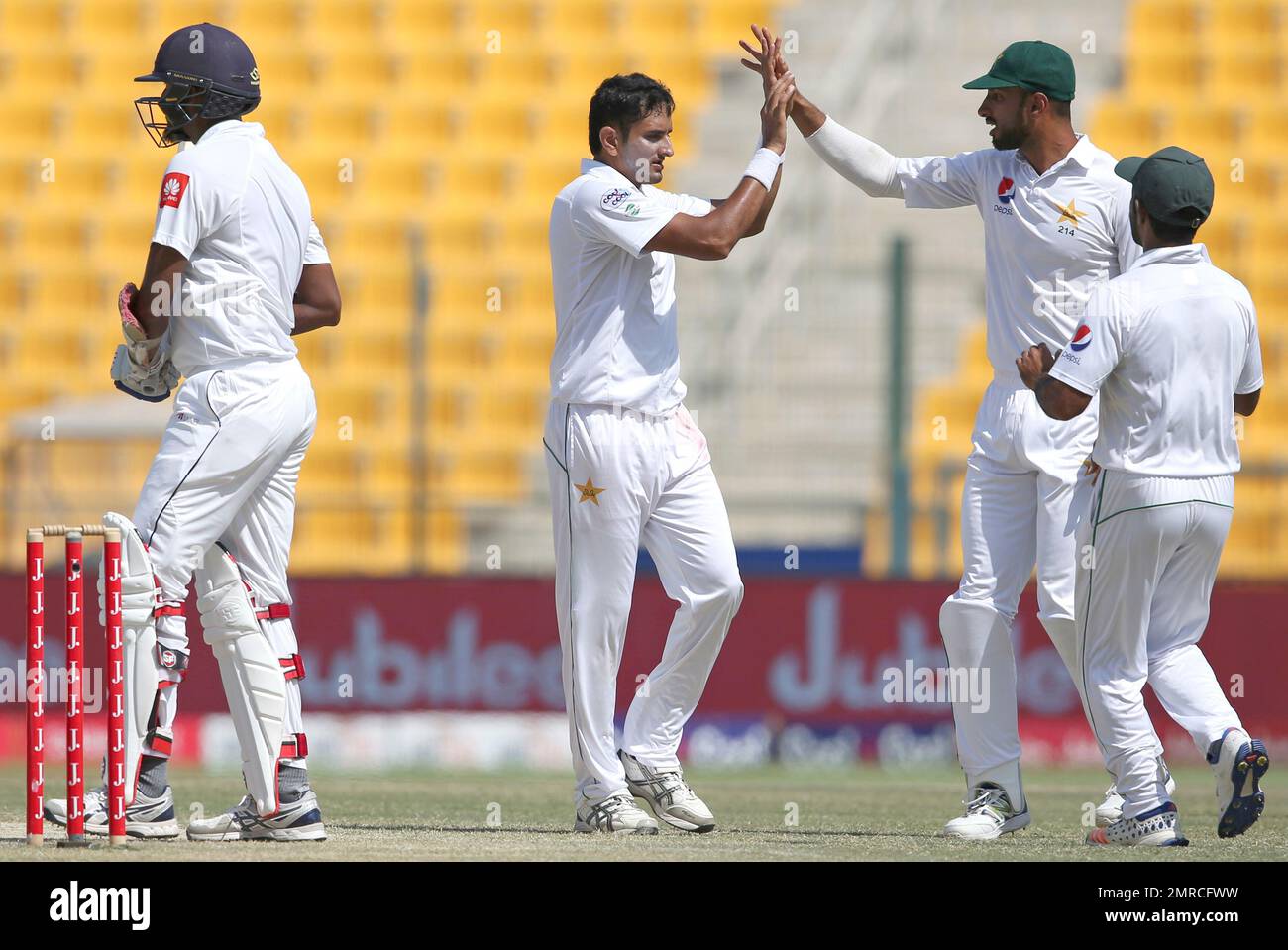 Pakistan bowler Muhammad Abbas celebrates the dismissal of Sri Lanka's ...