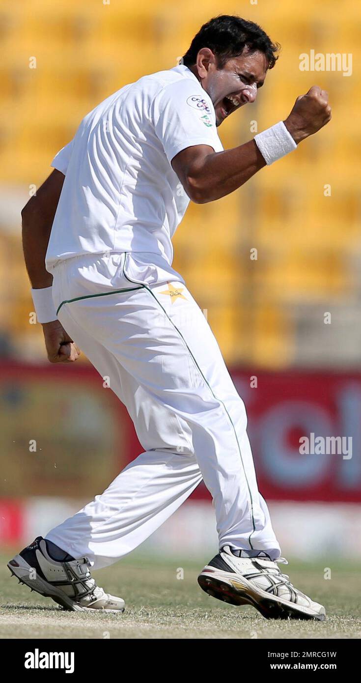 Pakistan bowler Pakistan's Muhammad Abbas celebrates the dismissal of ...