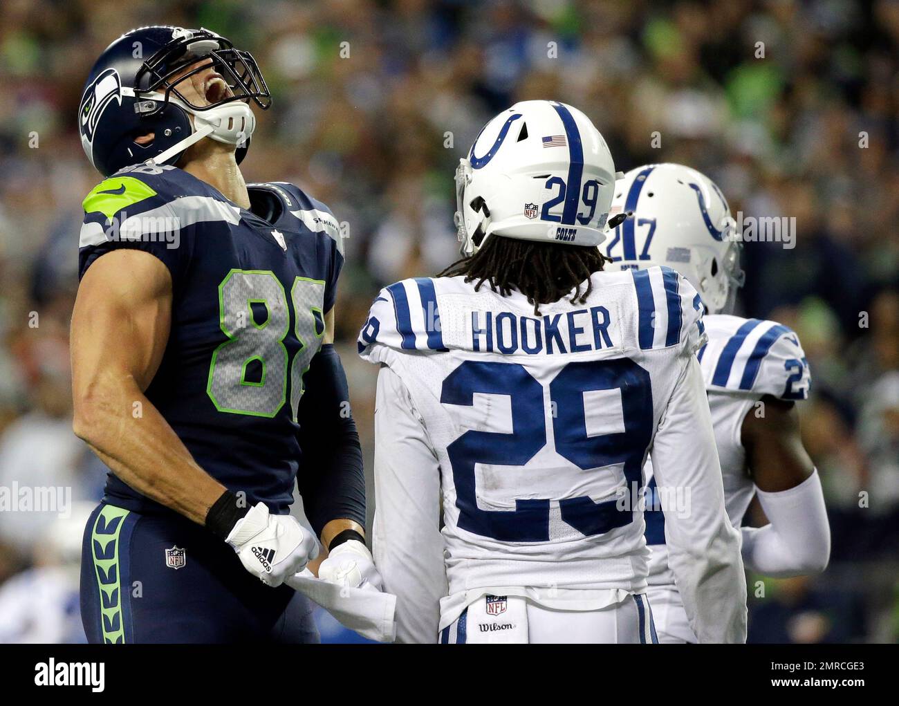 Seattle Seahawks tight end Jimmy Graham, left, celebrates a reception ...