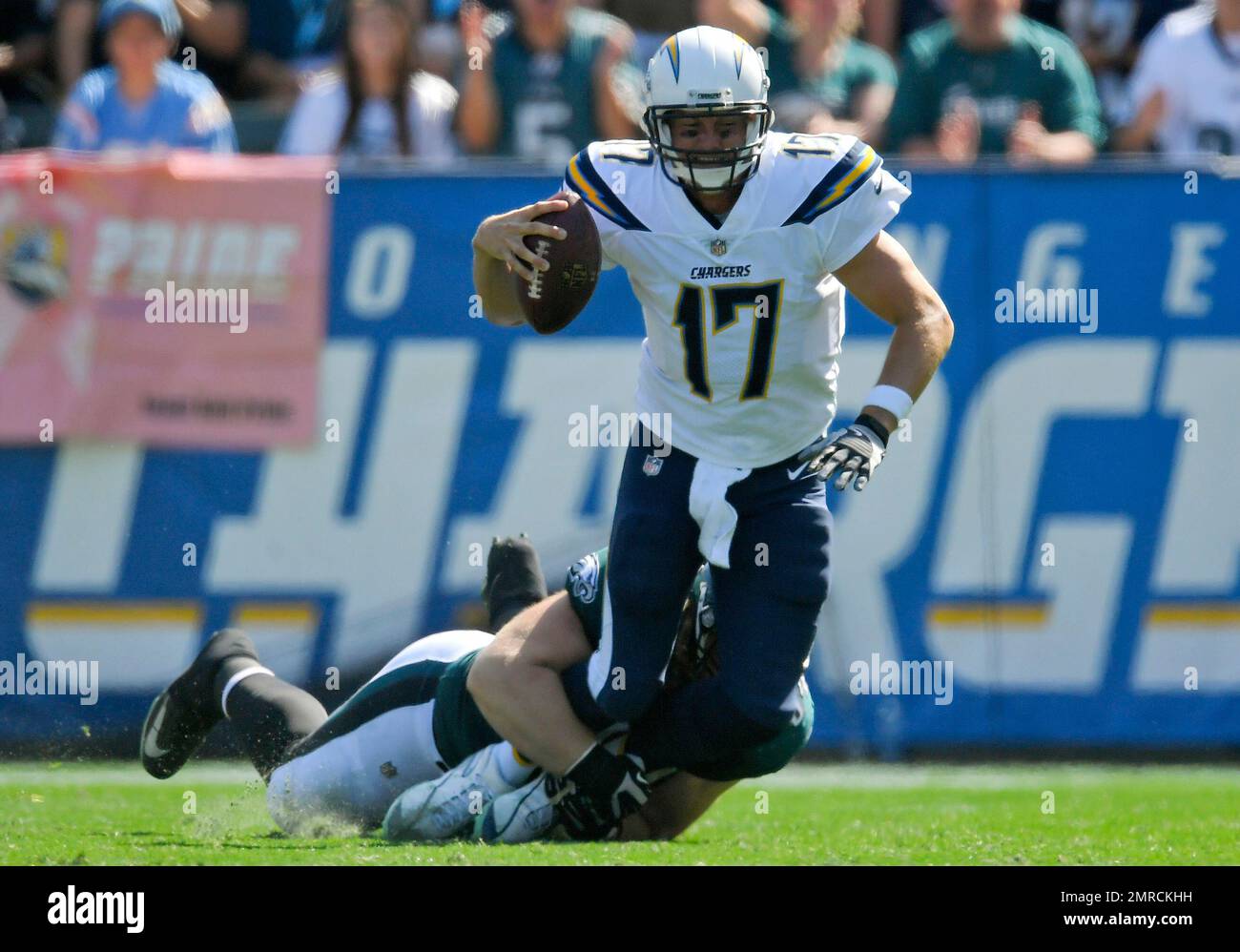 Los Angeles Chargers quarterback Philip Rivers (17) is sacked by ...