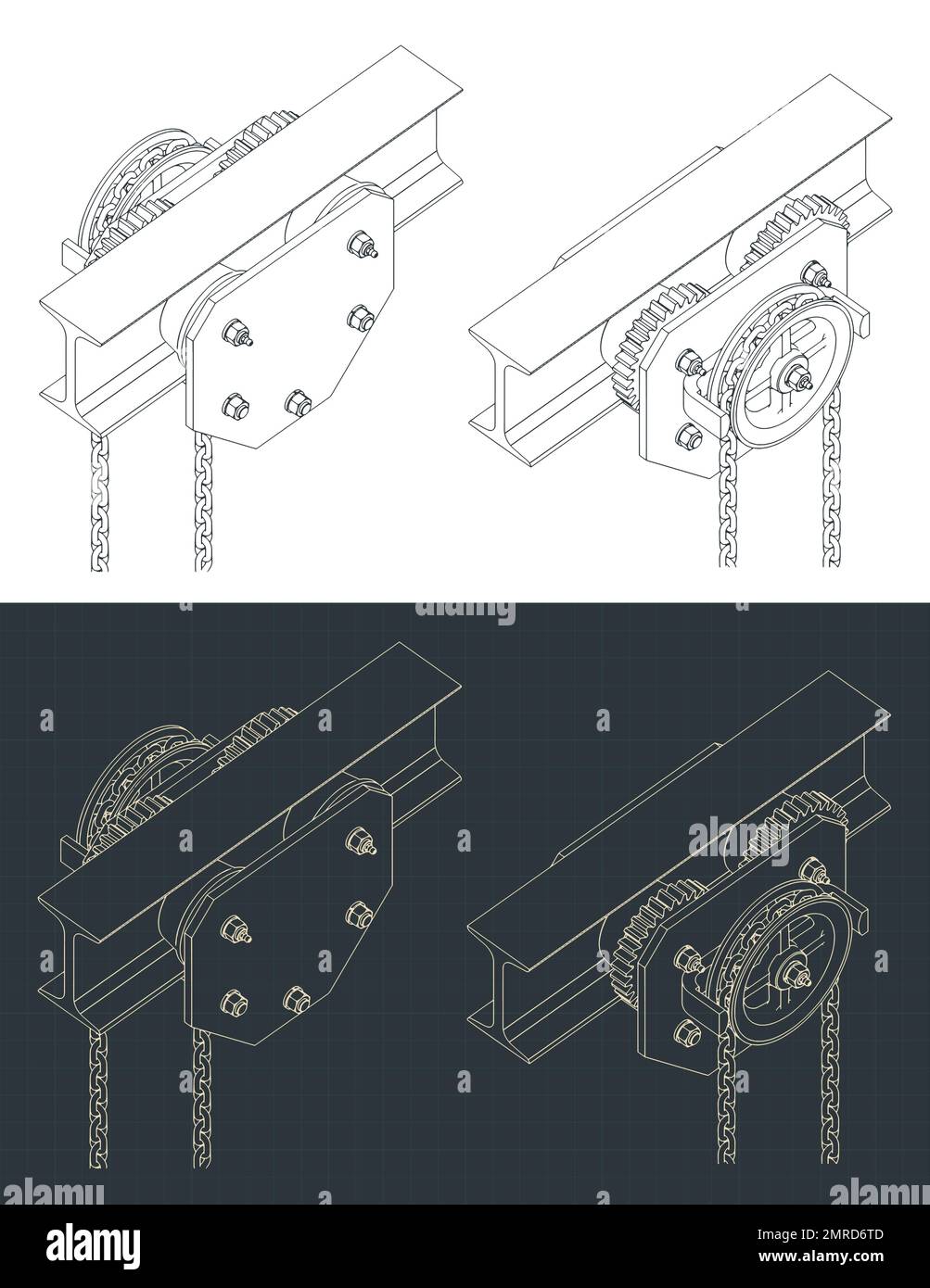 Stylized vector illustrations of isometric blueprints of trolley chain ...