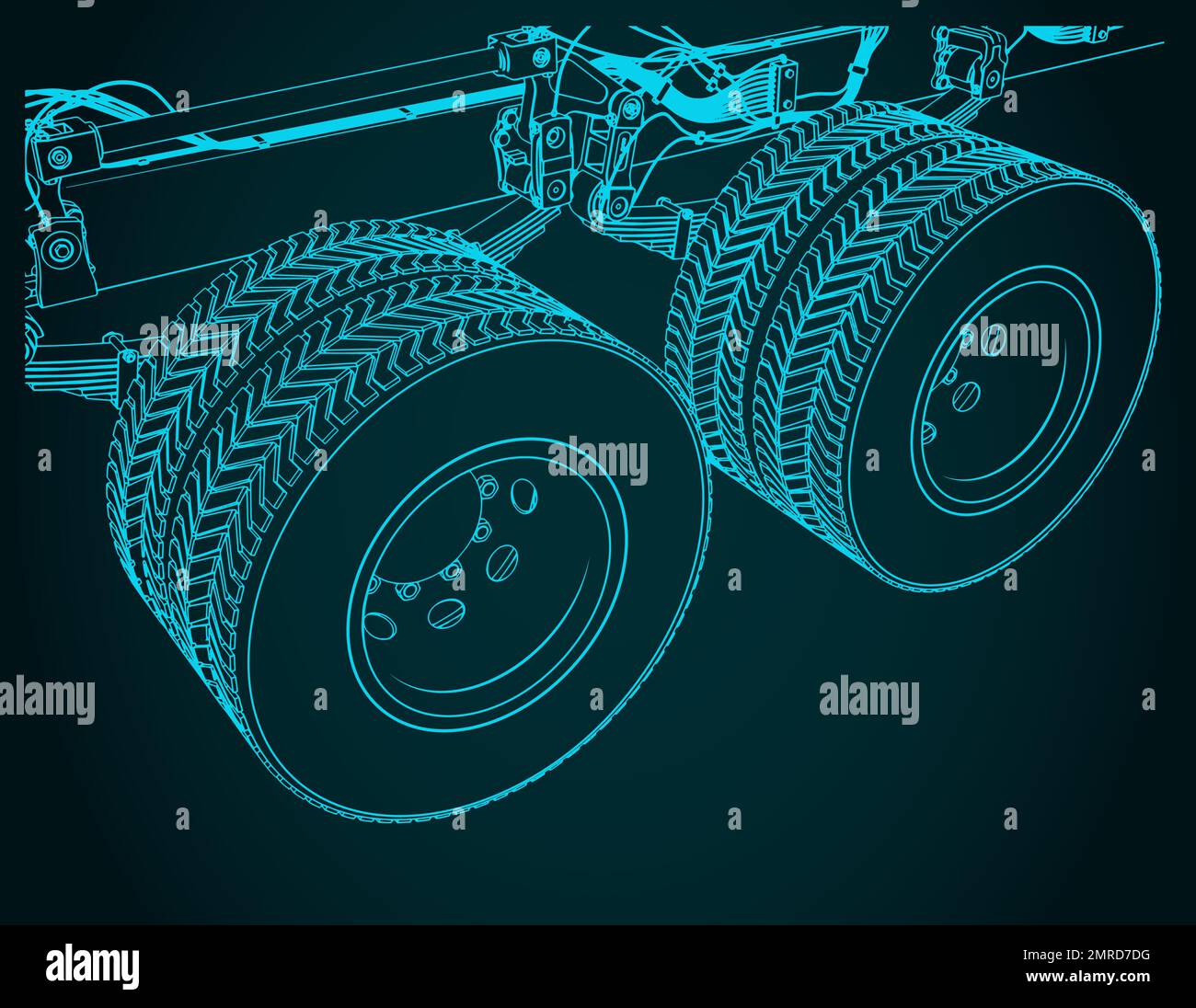 Stylized vector illustrations of tandem truck axle suspension close up ...